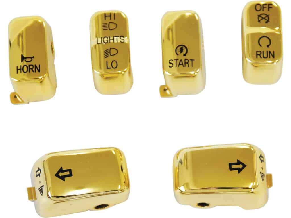 6 PC Switch Cap Set Gold Hand Control Switch Cap Kit, 96-13 Sportster ...